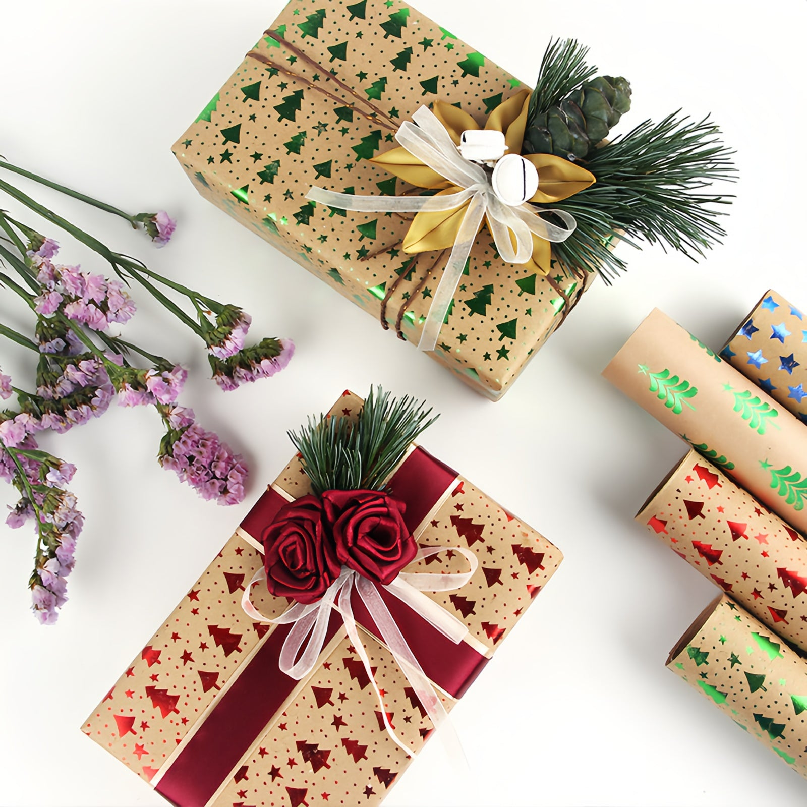 Timeuprise Hot Stamping Christmas Brown Kraft Wrapping Paper 7 Packs A set of 7 pack